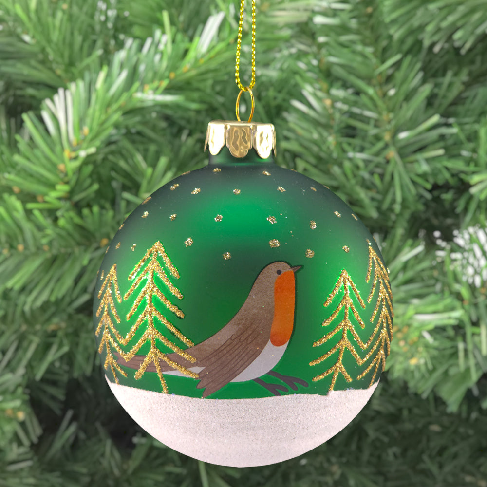 Christmas Robin | Green 8cm Glass Bauble | Gisela Graham – The Cracker ...