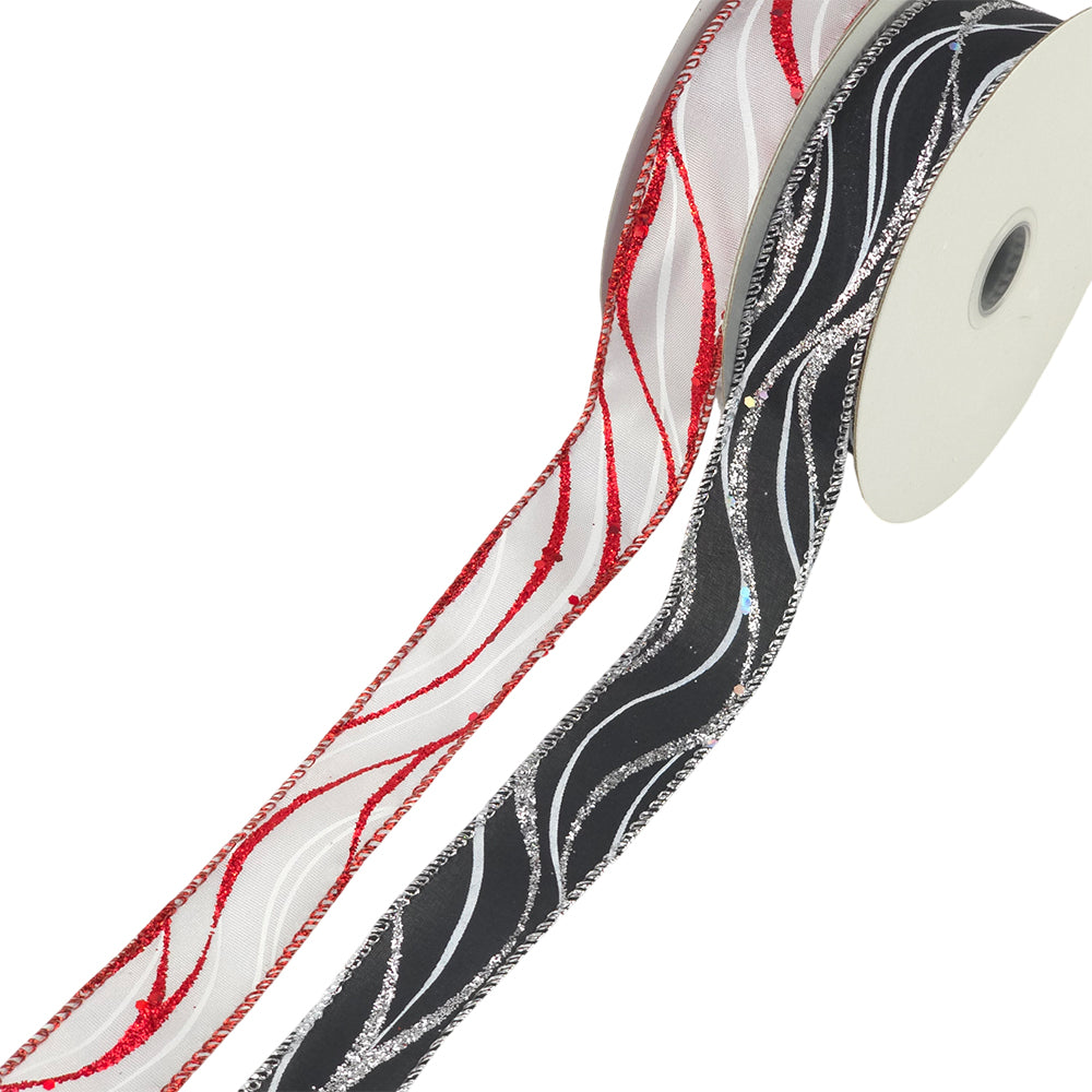 Black/Silver or White/Red Christmas Glitter Wired Ribbon | 25mm Wide ...